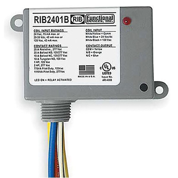 RIB2401B Power Relay, 20 Amp SPDT, 24 Vac/dc/120 Vac Coil, NEMA 1 Housing